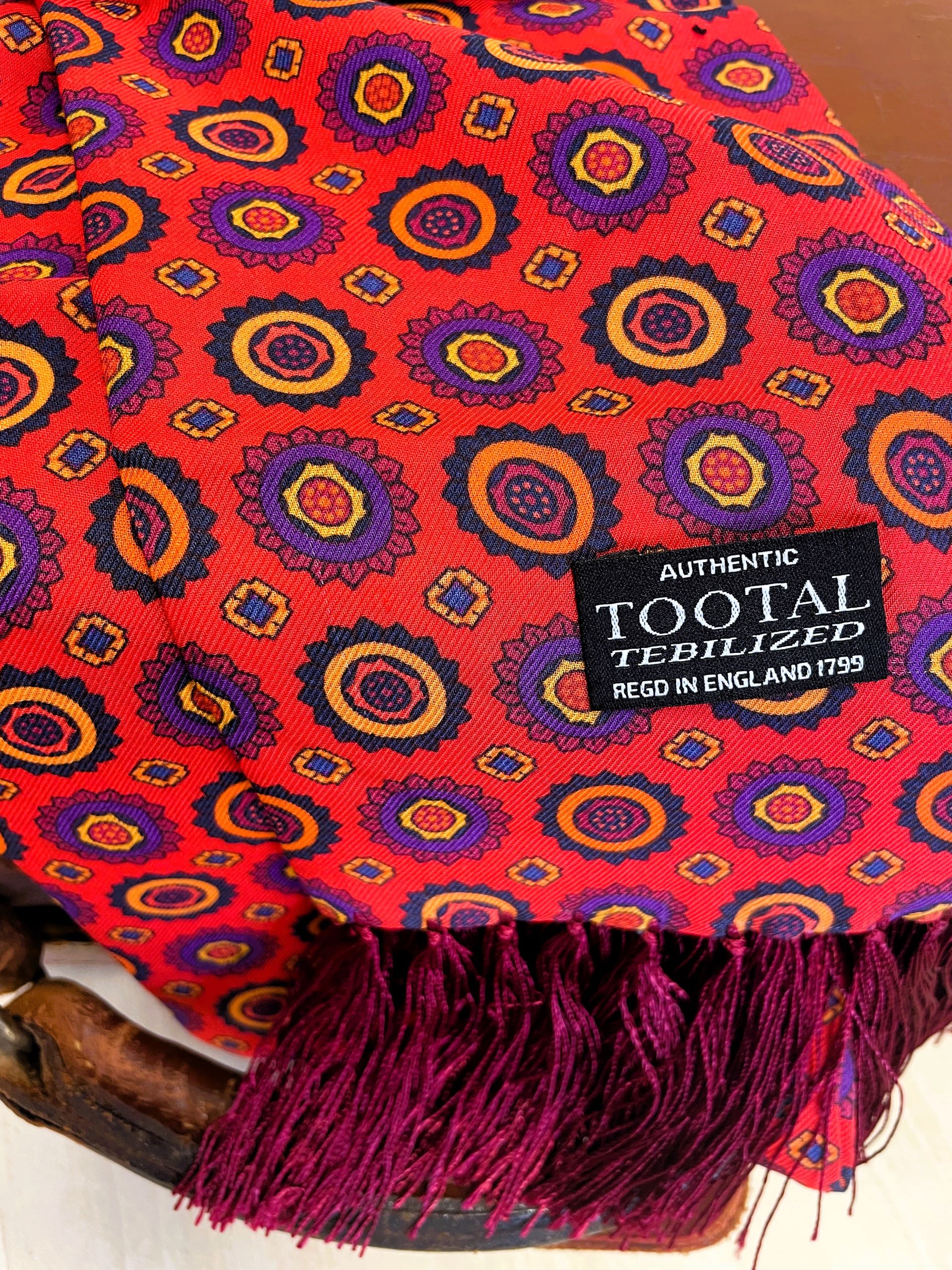 Tootal Rich Red Small Floral Design Fringed Rayon Scarf | Tootal