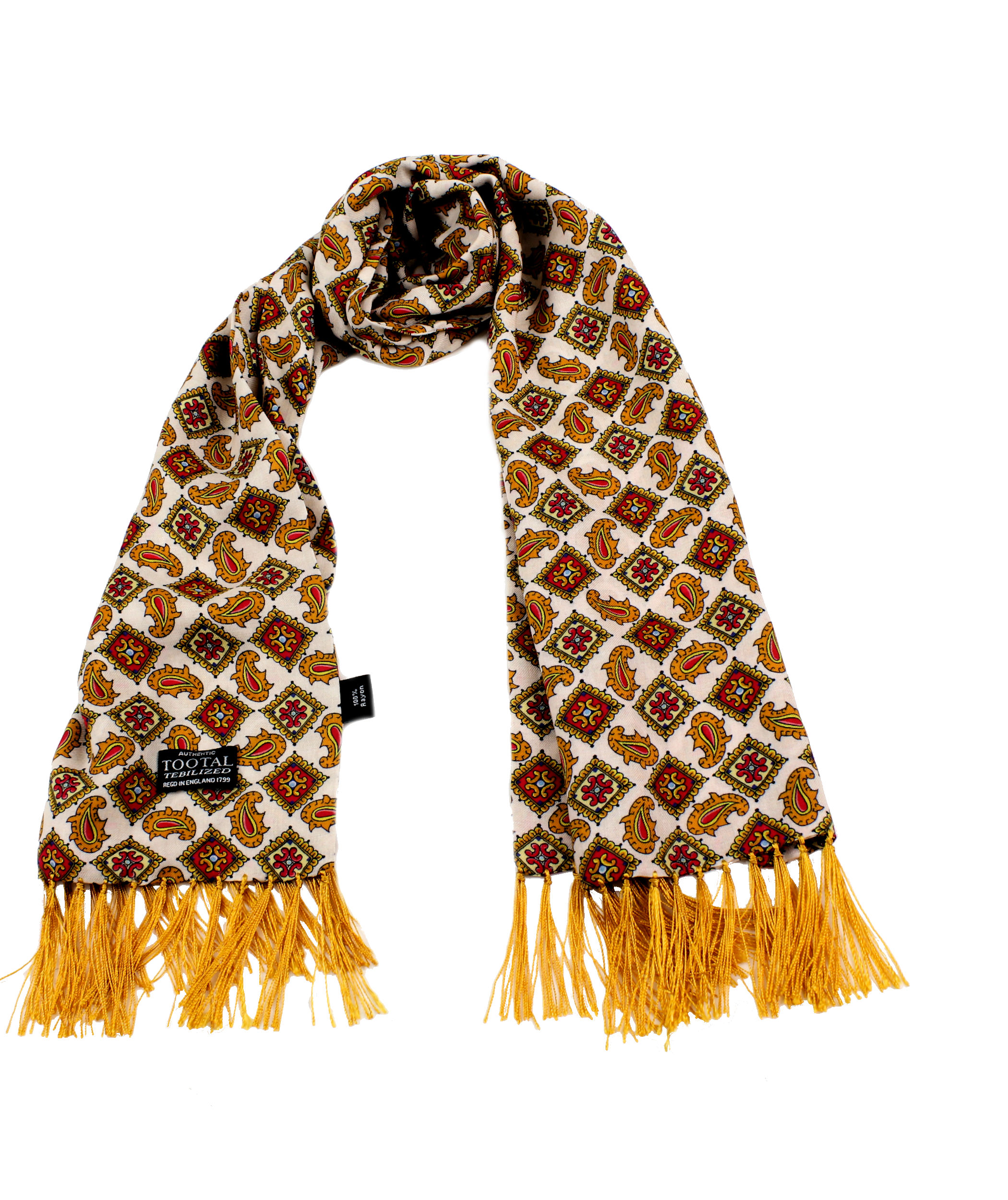 Tootal Gold Diamond Paisley Design Fringed Rayon Scarf | Tootal