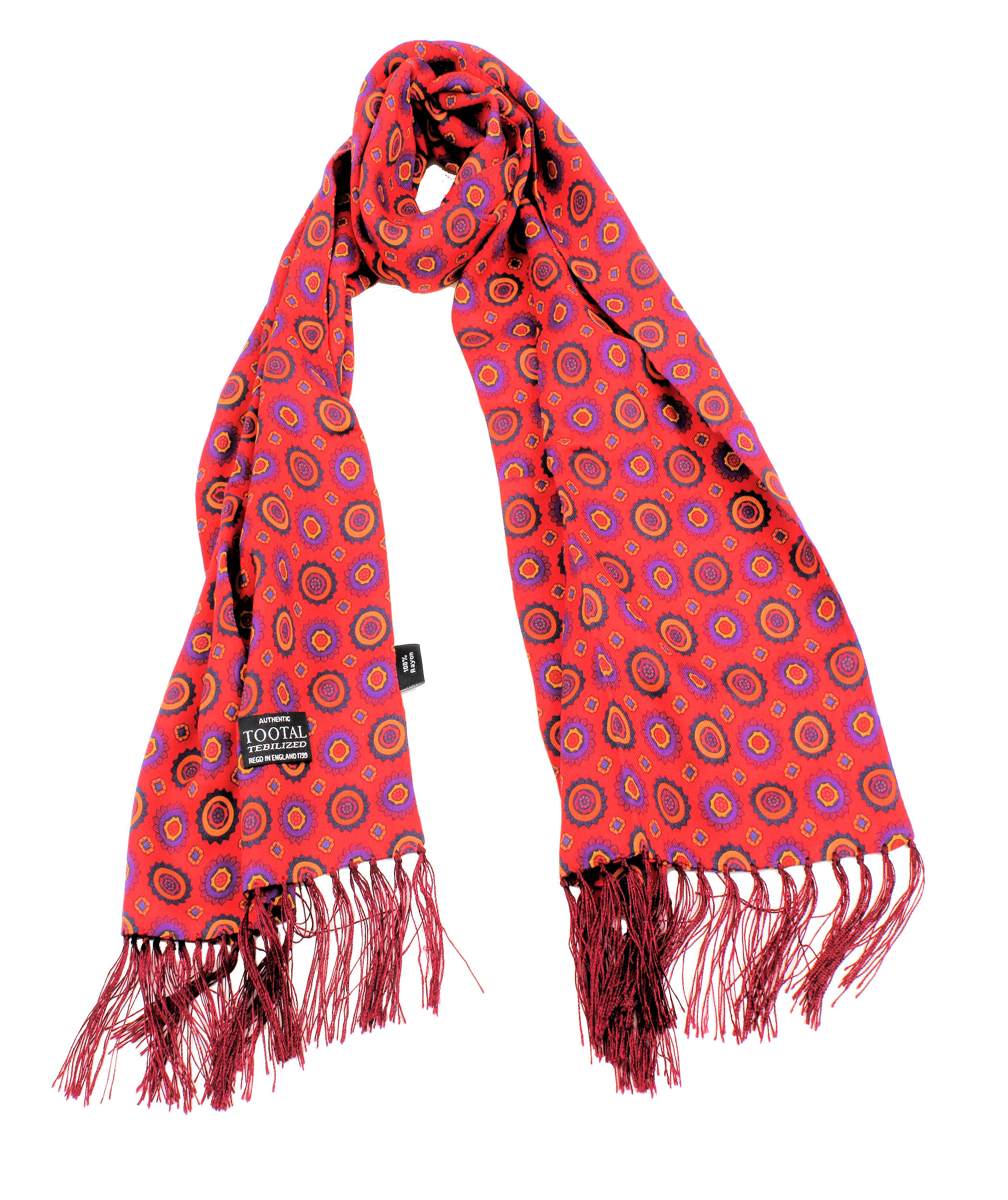 Tootal Rich Red Small Floral Design Fringed Rayon Scarf | Tootal