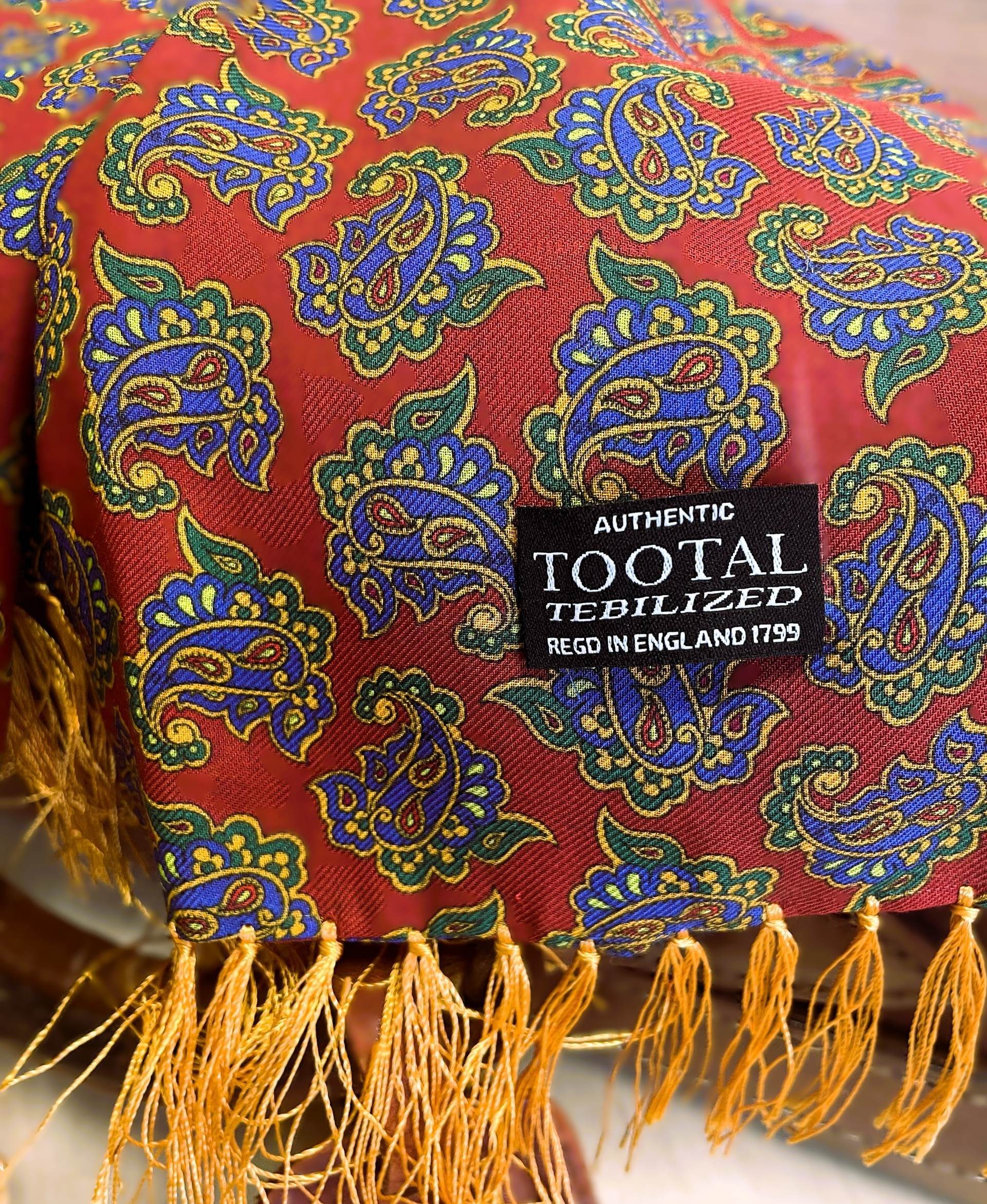 Tootal Blue Paisley on Red Rayon Scarf with Gold Fringe | Tootal